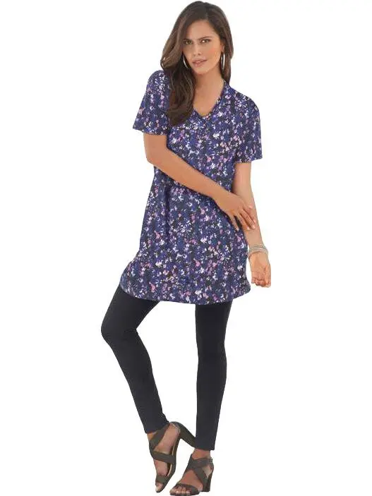ROAMAN'S Cotton V-neck Short Sleeve Tunic - Black Blue Garden