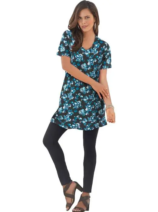 ROAMAN'S Cotton V-neck Short Sleeve Tunic - Black Flower Print