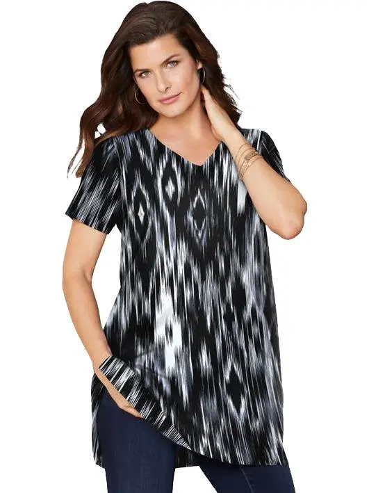 ROAMAN'S Cotton V-neck Short Sleeve Tunic - Black Ikat Diamonds