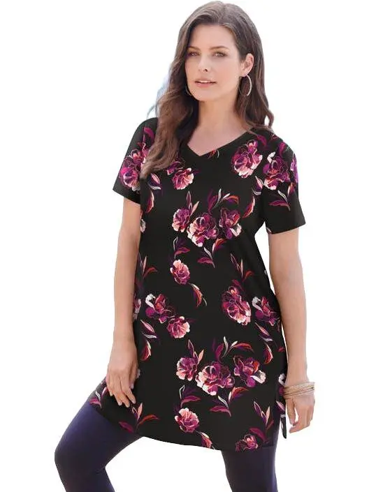 ROAMAN'S Cotton V-neck Short Sleeve Tunic - Black Open Floral