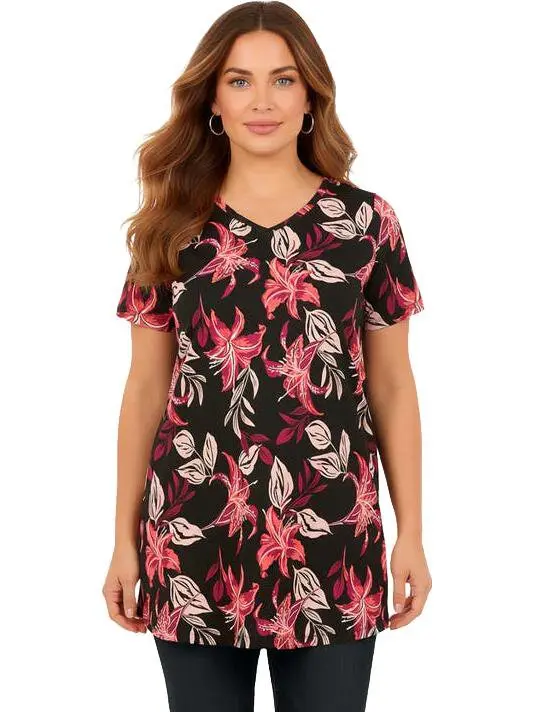 ROAMAN'S Cotton V-neck Short Sleeve Tunic - Black Tiger Lily