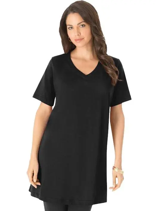 ROAMAN'S Cotton V-neck Short Sleeve Tunic - Black