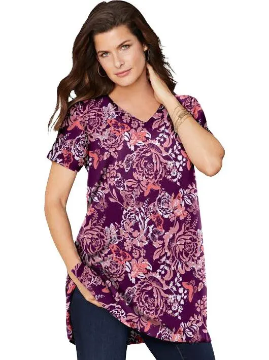 ROAMAN'S Cotton V-neck Short Sleeve Tunic - Dark Berry