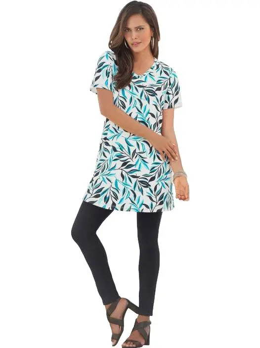ROAMAN'S Cotton V-neck Short Sleeve Tunic - Deep Turquoise Tossed Leaves
