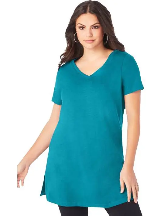 ROAMAN'S Cotton V-neck Short Sleeve Tunic - Deep Turquoise