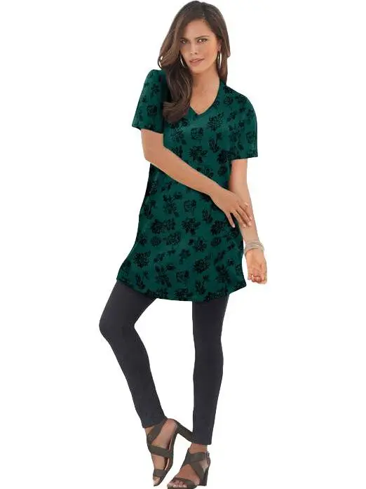 ROAMAN'S Cotton V-neck Short Sleeve Tunic - Emerald Flower Print