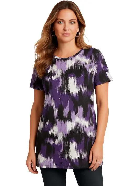 ROAMAN'S Cotton V-neck Short Sleeve Tunic - Midnight Violet Ikat Print