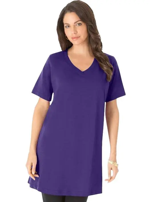 ROAMAN'S Cotton V-neck Short Sleeve Tunic - Midnight Violet
