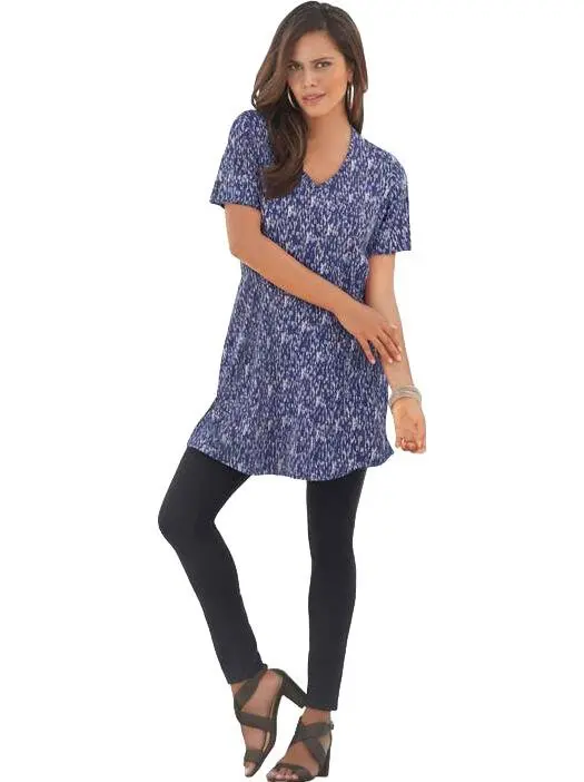 ROAMAN'S Cotton V-neck Short Sleeve Tunic - Navy Cool Texture