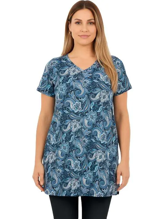 ROAMAN'S Cotton V-neck Short Sleeve Tunic - Navy Paisley Floral Print
