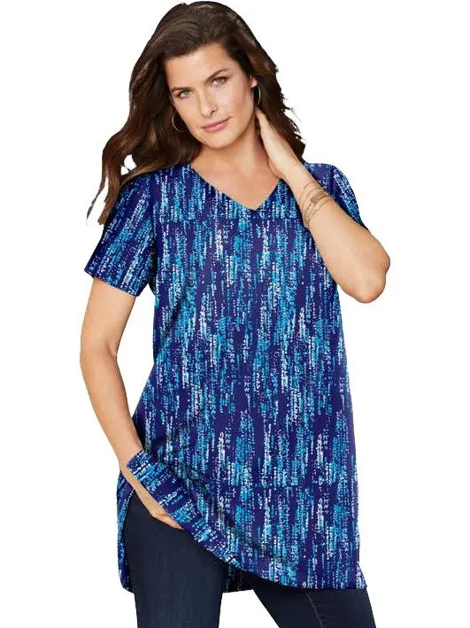 ROAMAN'S Cotton V-neck Short Sleeve Tunic - Navy Speckle