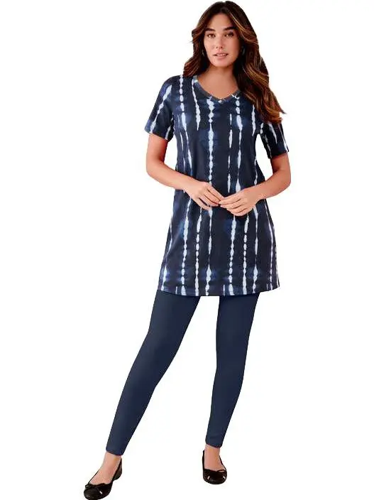 ROAMAN'S Cotton V-neck Short Sleeve Tunic - Navy Variegated Tie Dye