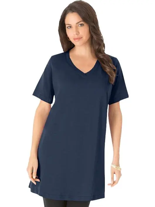 ROAMAN'S Cotton V-neck Short Sleeve Tunic - Navy