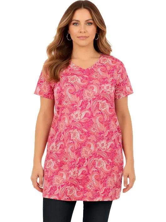 ROAMAN'S Cotton V-neck Short Sleeve Tunic - Raspberry Paisley Floral Print