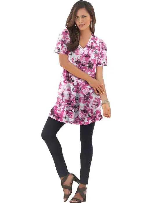 ROAMAN'S Cotton V-neck Short Sleeve Tunic - Rose Dreamy Floral