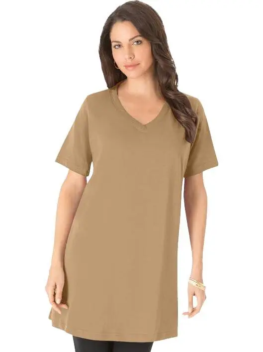 ROAMAN'S Cotton V-neck Short Sleeve Tunic - Soft Camel