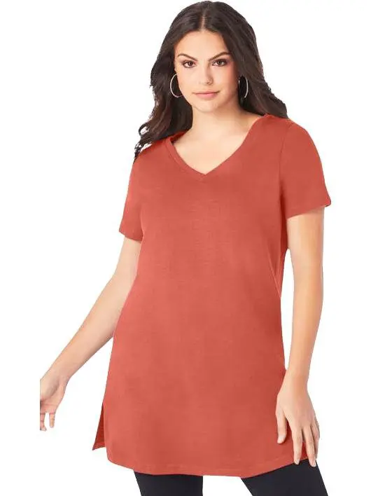 ROAMAN'S Cotton V-neck Short Sleeve Tunic - Sunset Coral