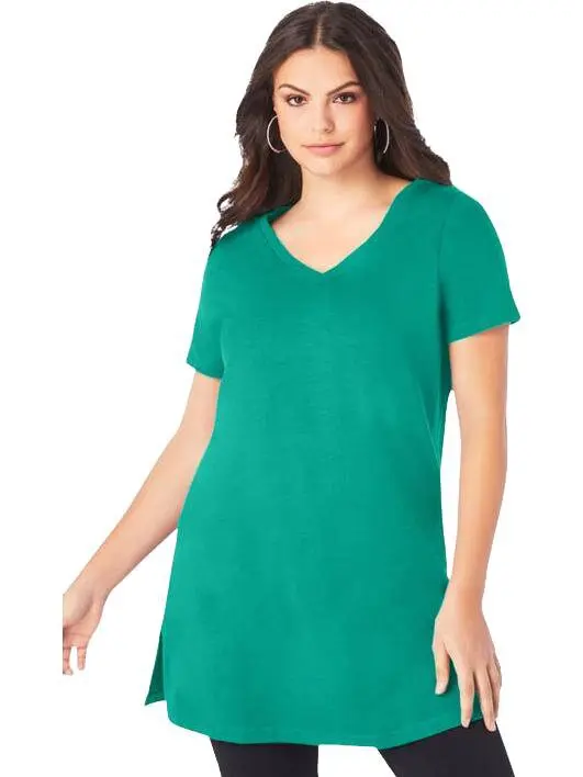 ROAMAN'S Cotton V-neck Short Sleeve Tunic - Tropical Emerald