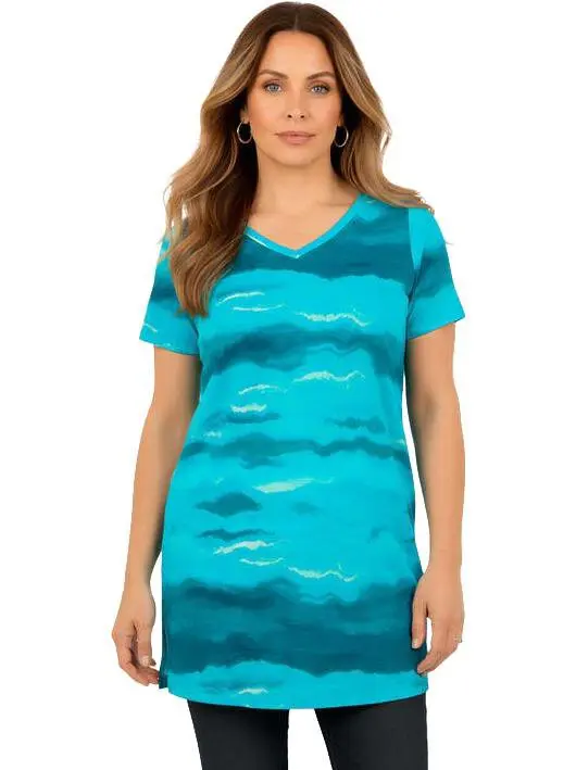 ROAMAN'S Cotton V-neck Short Sleeve Tunic - Turquoise Wave Tie Dye