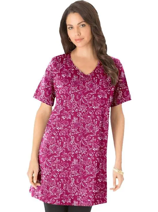 ROAMAN'S Cotton V-neck Short Sleeve Tunic - Very Berry Batik