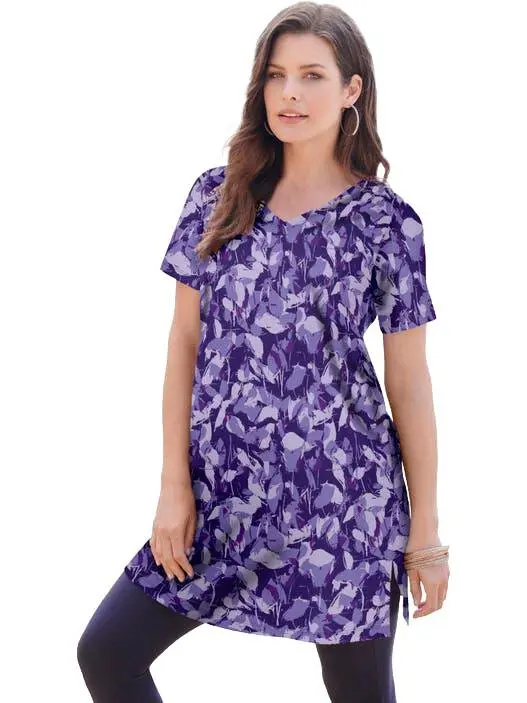 ROAMAN'S Cotton V-neck Short Sleeve Tunic - Violet Textured Leaves