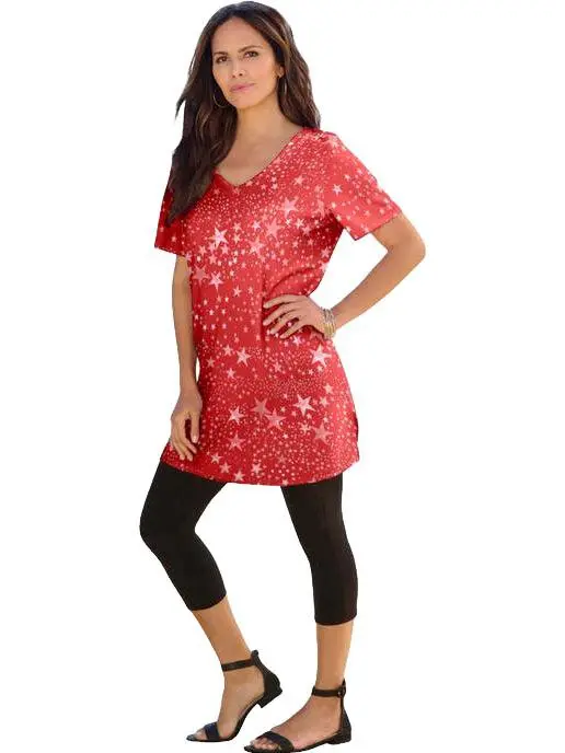 ROAMAN'S Cotton V-neck Short Sleeve Tunic - Vivid Red Stars