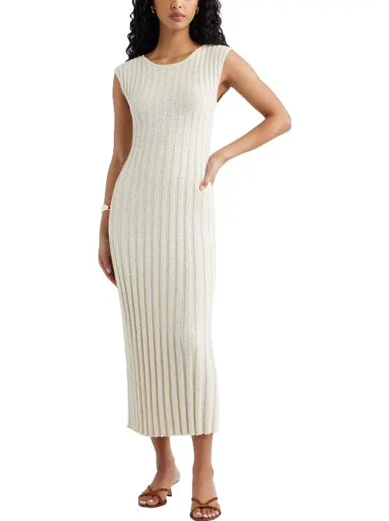 OPEN EDIT Tie Back Cap Sleeve Linen Blend Rib Knit Sweater Dress - Ivory Dove