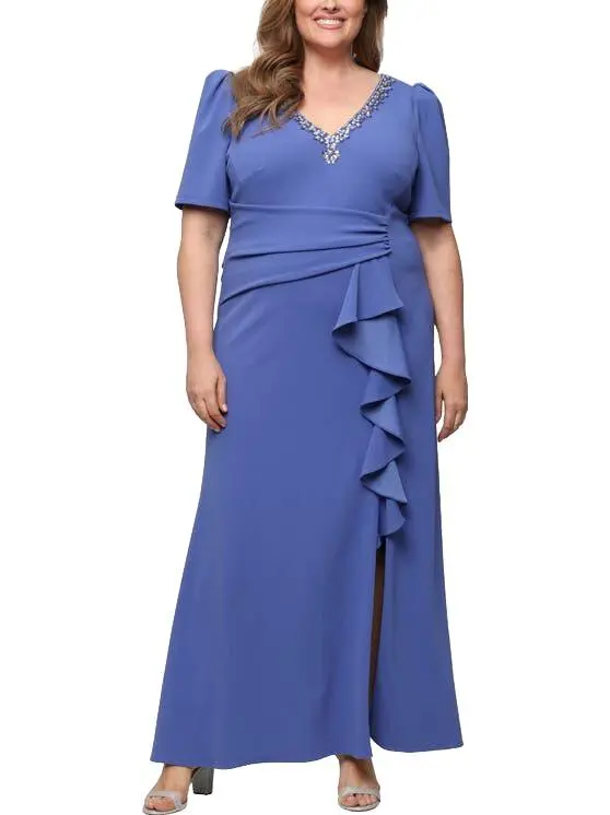 Alex Evenings Embellished Stretch Crepe Gown - Cornflower