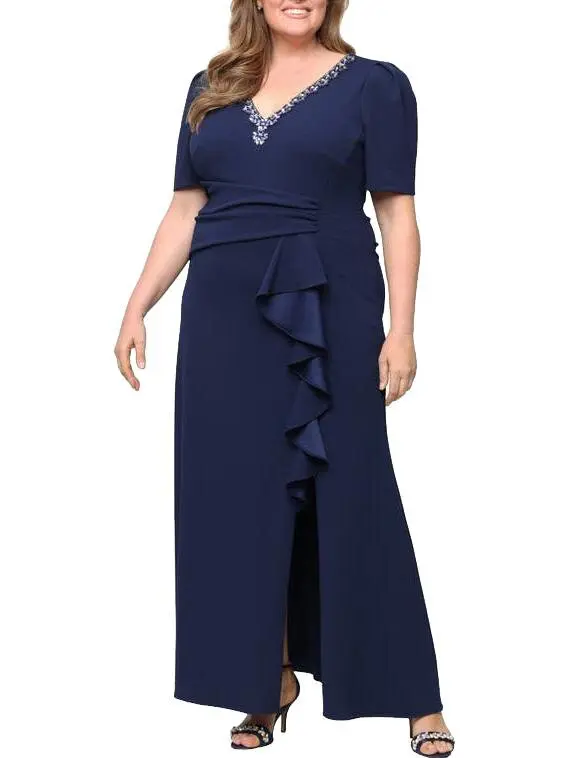 Alex Evenings Embellished Stretch Crepe Gown - Navy