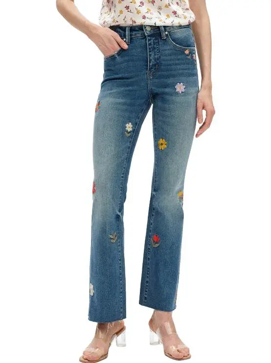 BAYEAS Floral Embroidered High-waist Bootcut Jeans - Medium Blue