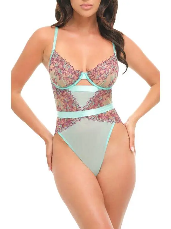 OH LA LA CHERI Adaline Embroidered Satin Binding & Sheer Mesh Teddy - Lily Pond 055/mojito