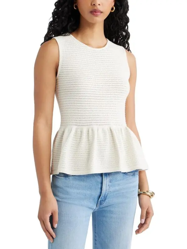 OPEN EDIT Open Stitch Peplum Sweater Tank - Ivory Dove