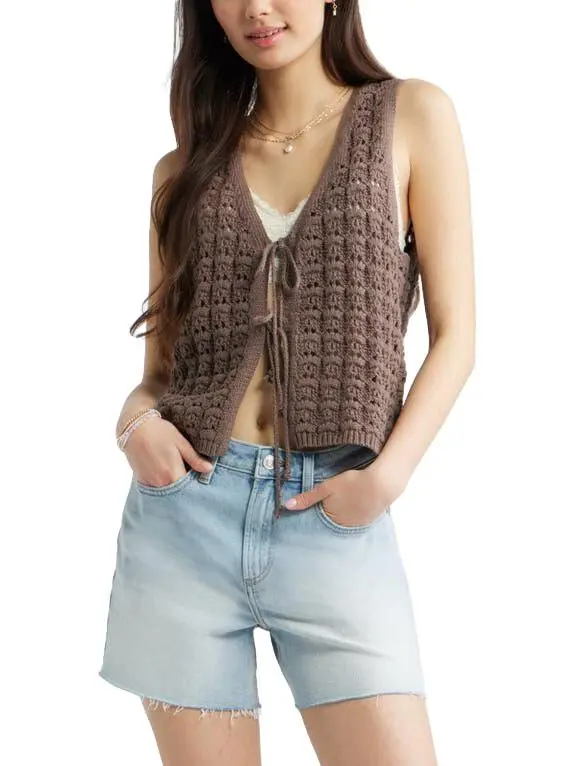 Bp. Tie-front Open-stitch Sweater Vest - Brown Quartz