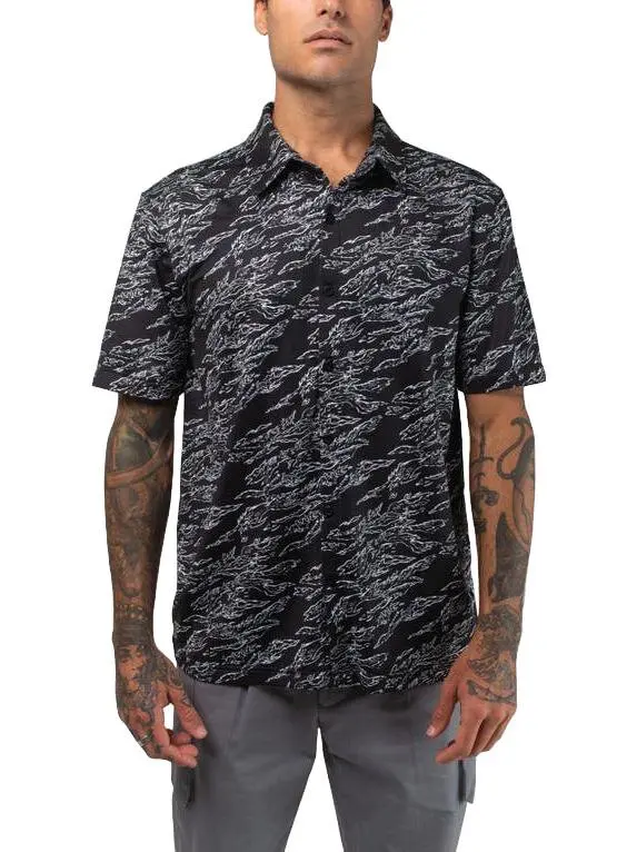 VAST Aqua Terra Midnight Camo Tech Short Sleeve Performance Button-up Shirt - Black