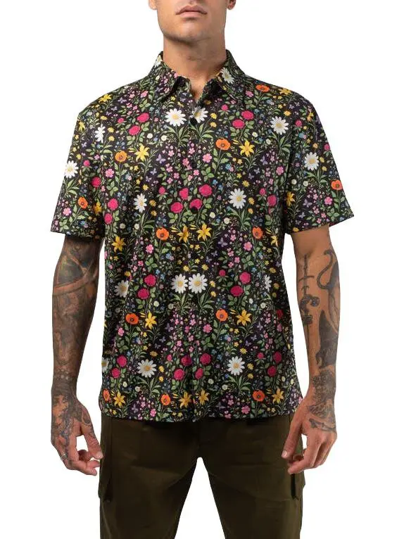 VAST Aqua Terra Scritti Politti Floral Tech Short Sleeve Performance Button-up Shirt - Black Multi
