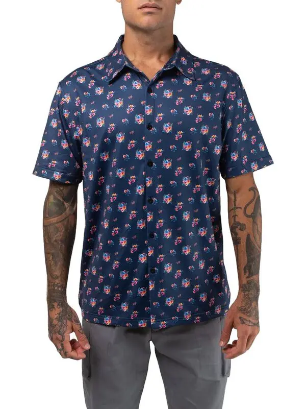 VAST Aqua Terra Multi Floral Tech Short Sleeve Performance Button-up Shirt - Navy Multi