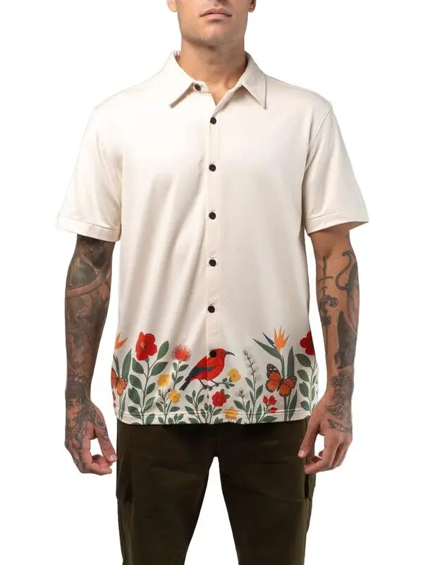 VAST Aqua Terra Floral Fauna Tech Short Sleeve Performance Button-up Shirt - Sand Multi