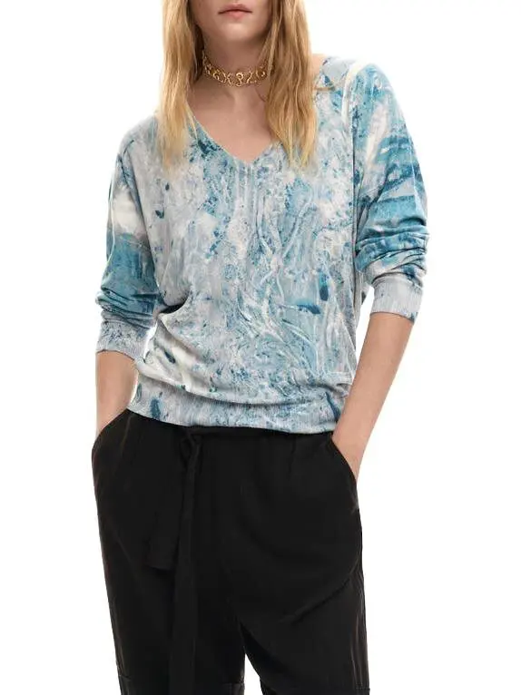 Desigual Abstract Print V-neck Sweater - Blue