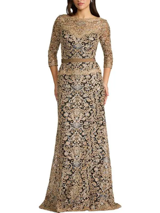Tadashi Shoji Embroidered Sequin Gown - Copper Shadow/black