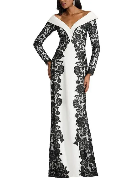 Tadashi Shoji Embroidered Portrait Collar Gown - Black/ivory