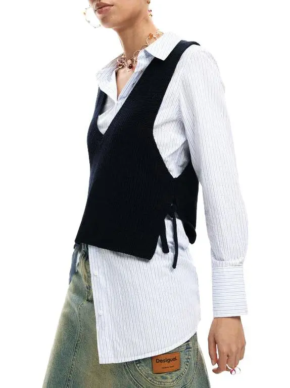 Desigual Stripe Woven Shirt And Sweater Vest - Black