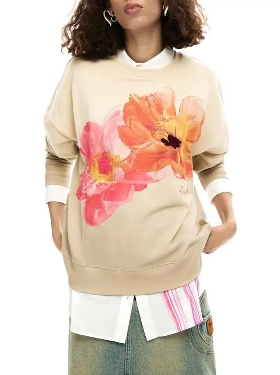 Desigual Floral Graphic Crewneck Sweatshirt - Off White