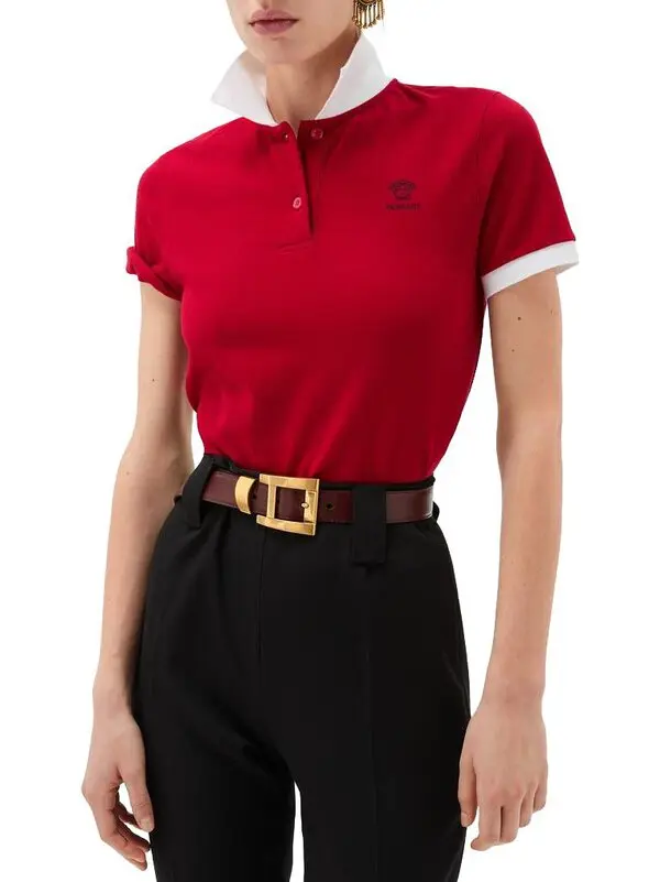 Versace Gender Inclusive Embroidered Medusa Cotton Piqué Polo - Lipstick Red White