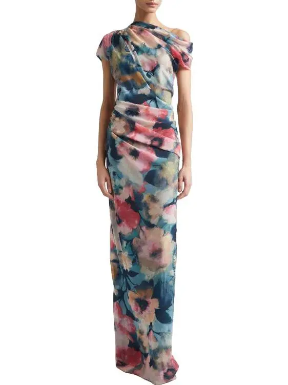Lela Rose Abstract Floral Draped One-shoulder Gown - Mist Multi