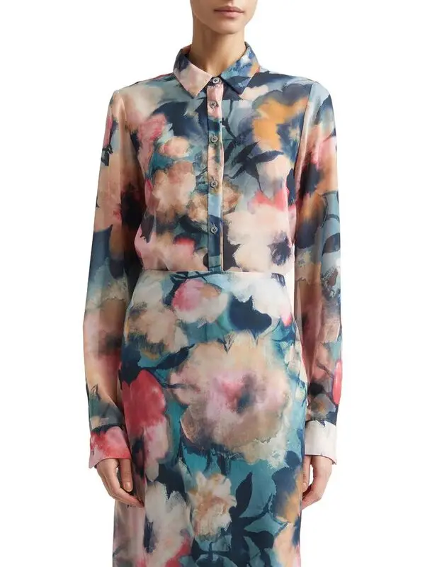 Lela Rose Abstract Floral Chiffon Shirt - Mist Multi