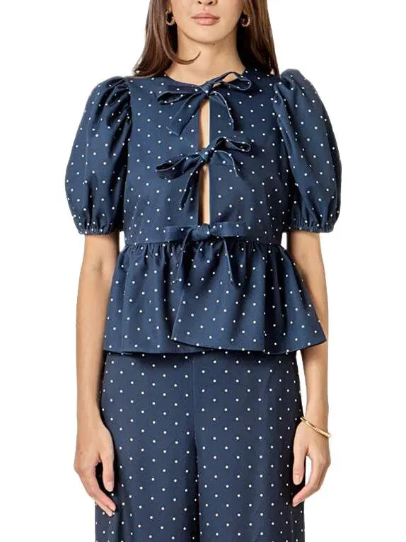 English Factory Dot Tie Front Puff Sleeve Top - Navy