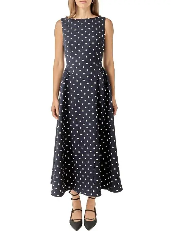 English Factory Dot Sleeveless Flare Midi Dress - White/navy