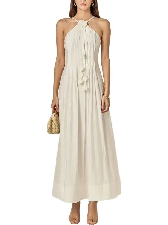 English Factory Crochet Flower Trim Pleated Maxi Dress - Off White