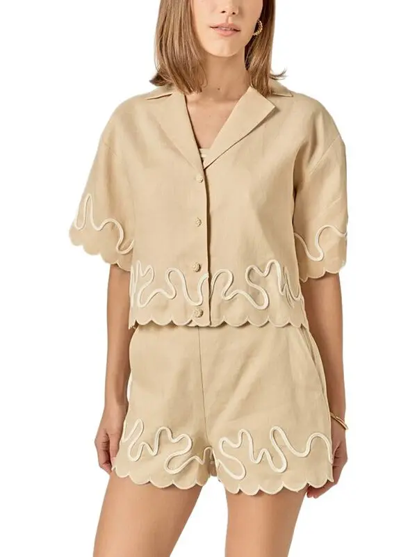 English Factory Embroidered Linen Crop Shirt - Beige/off White