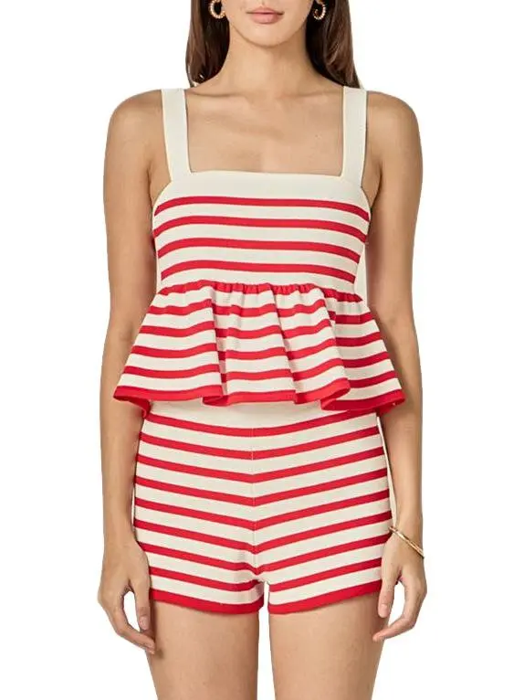 English Factory Striped Knit Peplum Camisole - White/red